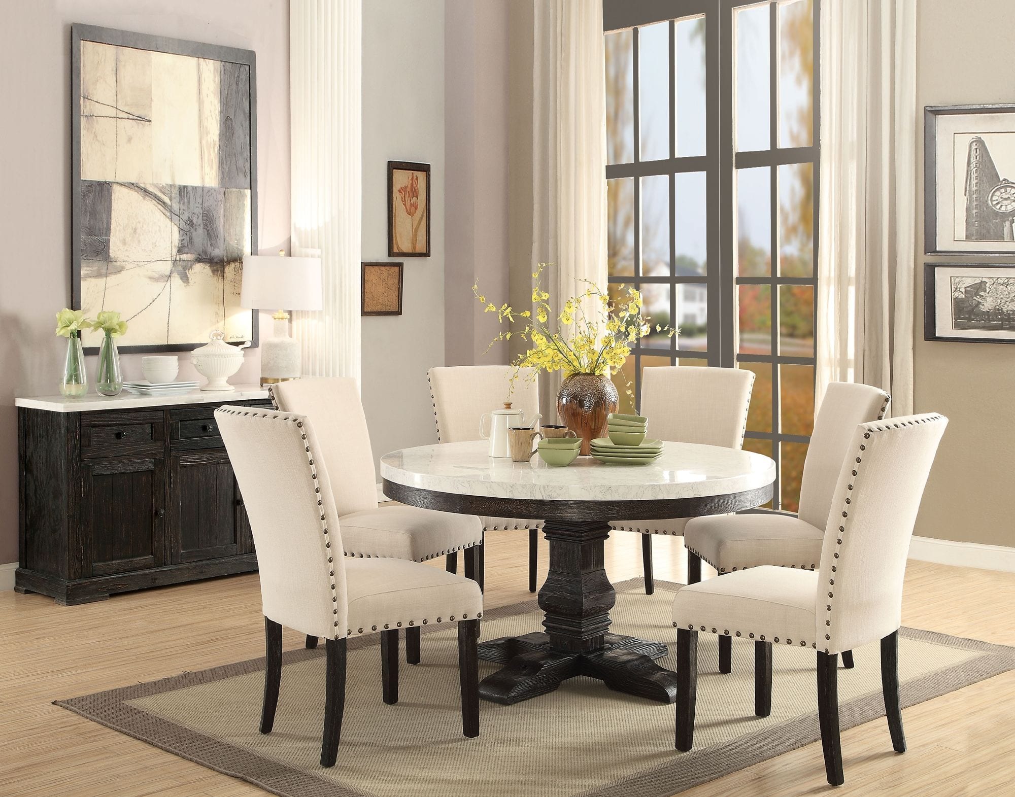 72845 Nolan 7 Pieces White Faux Marble Top Round Dining Table Set 72845 Nolan 7 Pieces White Faux Marble Top Round Dining Table Set